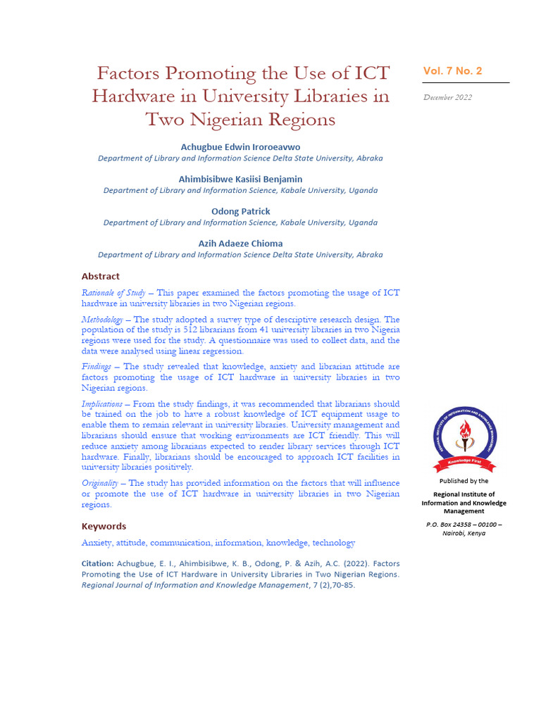 Factors Promoting The Use of ICT Hardware in University Libraries in Two Nigerian Regions ...