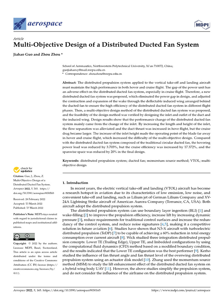 PAPER-Multi-Objective Design of a Distributed Ducted Fan System | PDF | Aircraft | Duct (Flow)