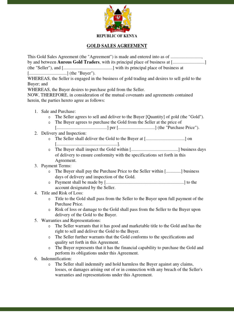 Gold Sales Agreement Template | PDF | Indemnity | Sales