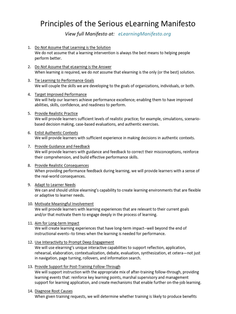 Serious Elearning Manifesto Principles in 2 Pages | PDF | Learning ...