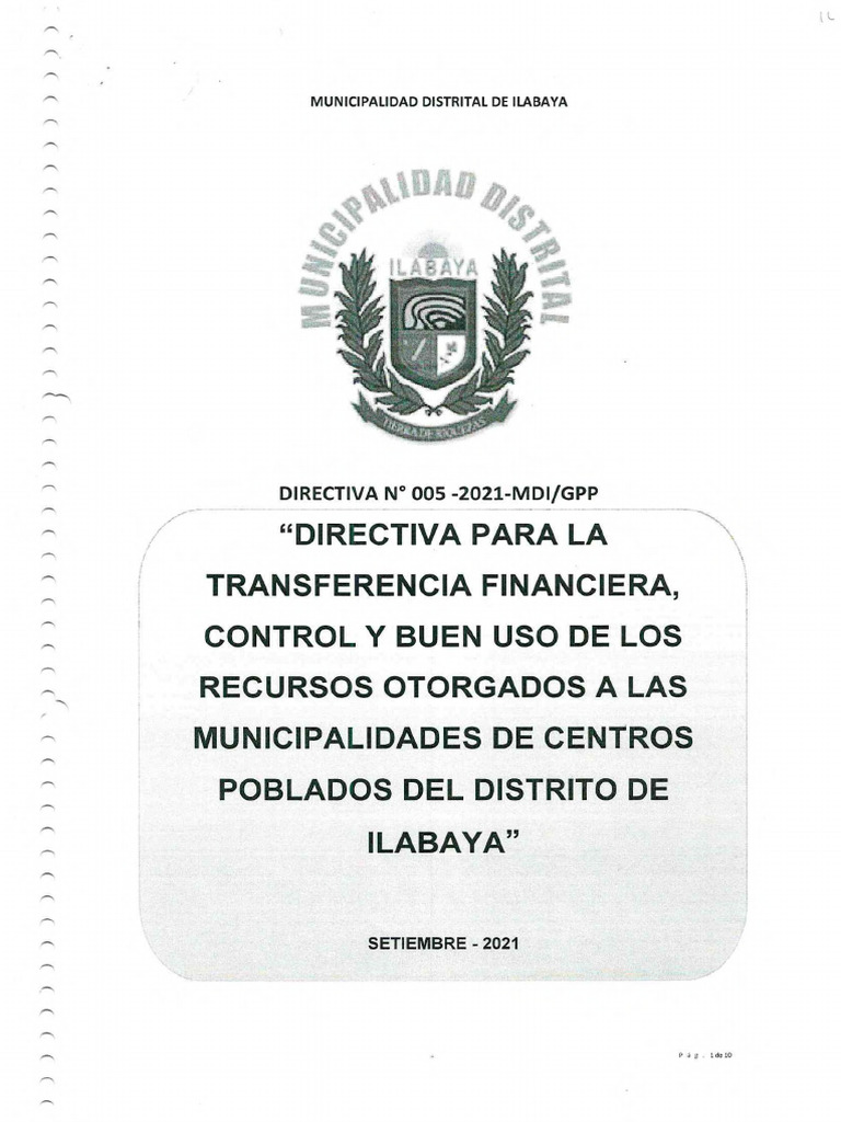 Directiva #005-2021-Mdi-Gpp Trasnparencia Financiera, Control y Buen Uso de Los Recursos ...