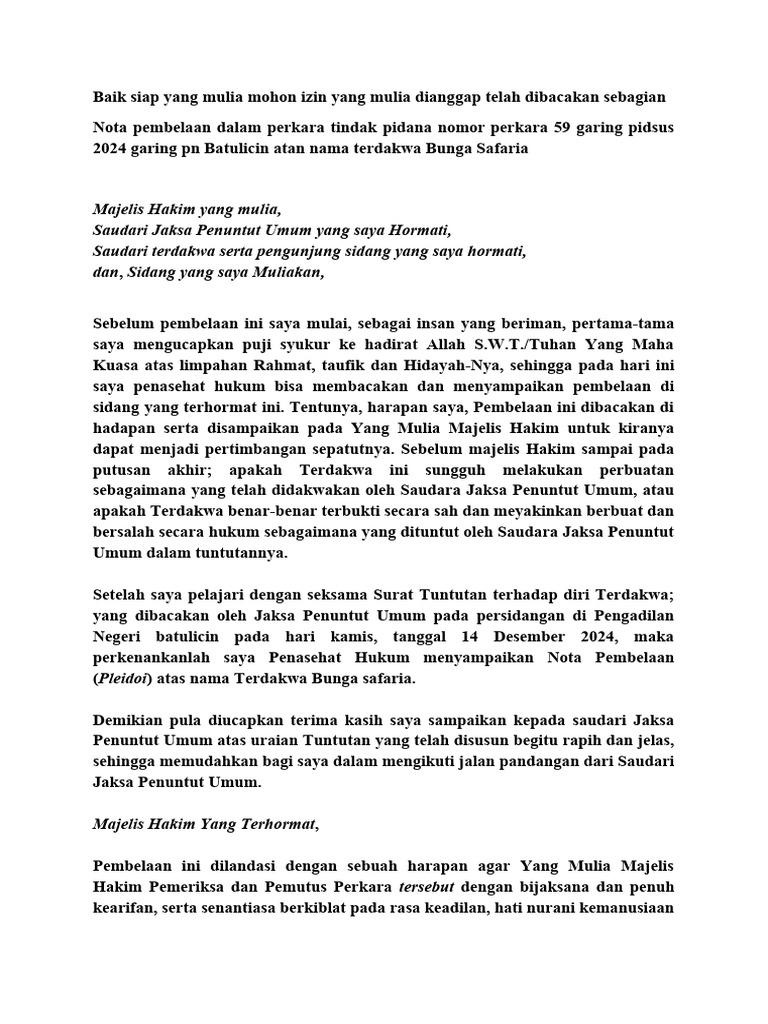 Nota Pembelaan Tindak Pidana Bunga Safaria | PDF | Hukum