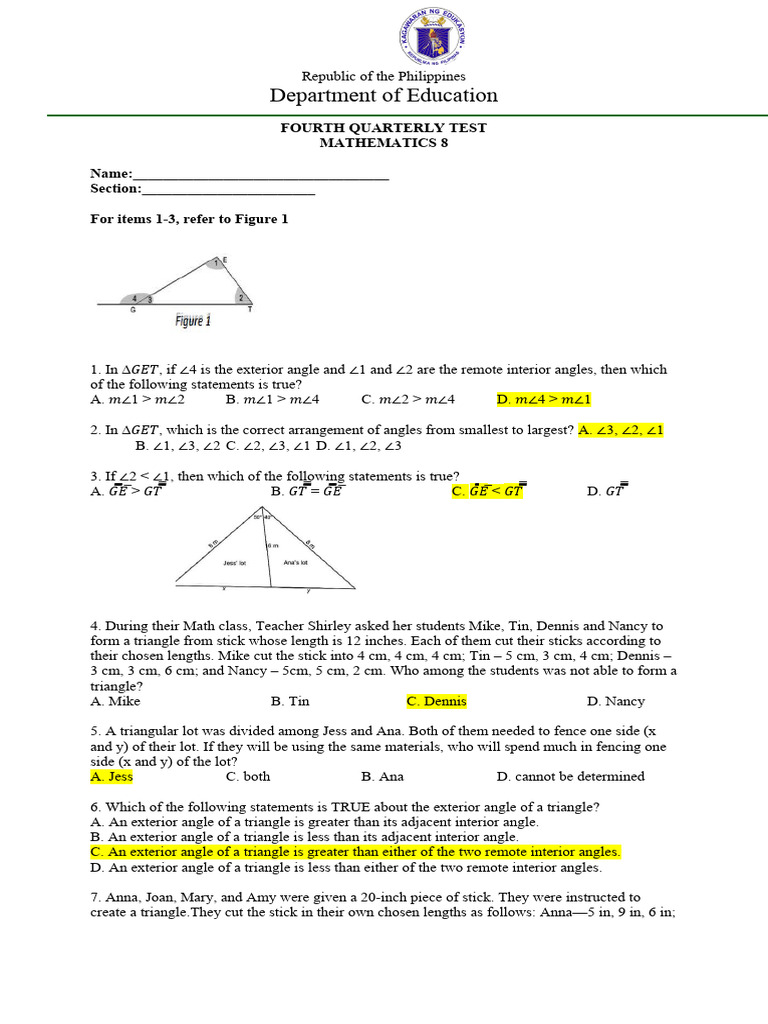 math 8 TEST Q4 done | PDF | Mathematics | Classical Geometry