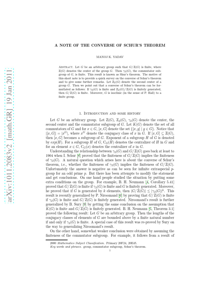 Converse of Schur's Theorem Explained | PDF | Group (Mathematics) | Theorem