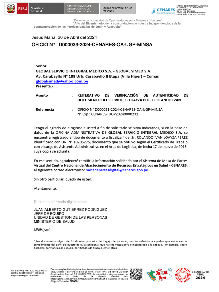 Oficio D000033-2024-Cenares-Oa-Ugp-Minsa | PDF