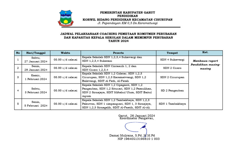 Jadwal Pelaksanaan Coaching Kepala Sekolah | PDF