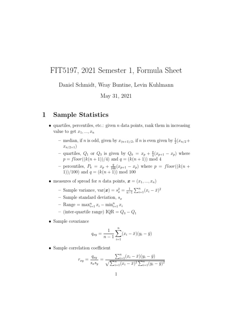 FIT5197 2021 S1 Formula Sheet | PDF | Bias Of An Estimator | Estimator