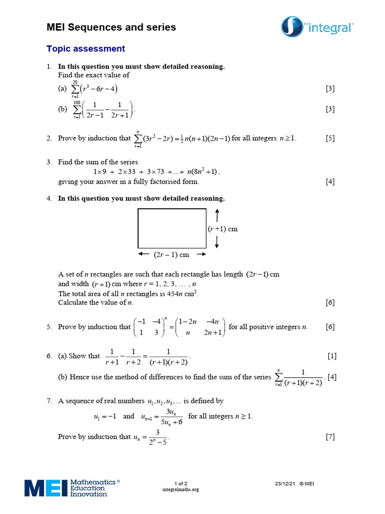 MEI Sequences and Series: Topic Assessment | PDF | Mathematical Objects ...