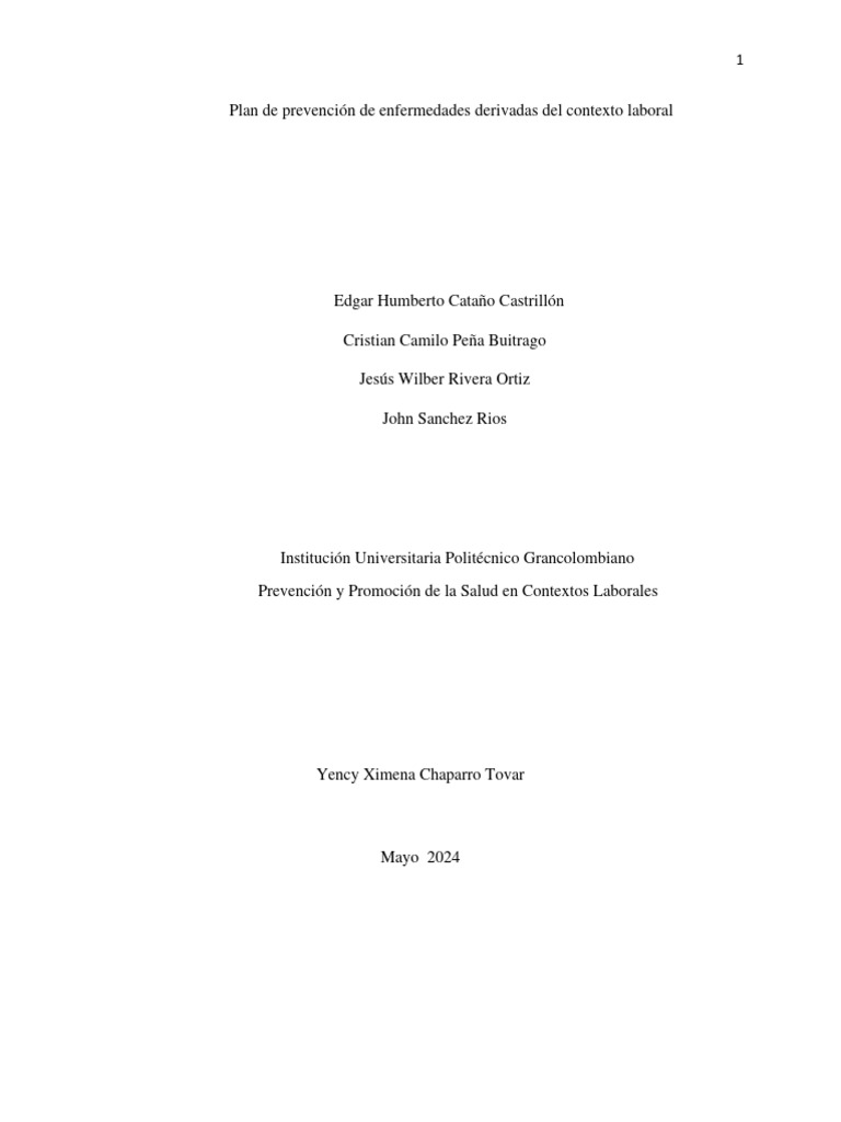 Plan De Prevención De Enfermedades Derivadas Del Contexto Laboral 1 Pdf Business