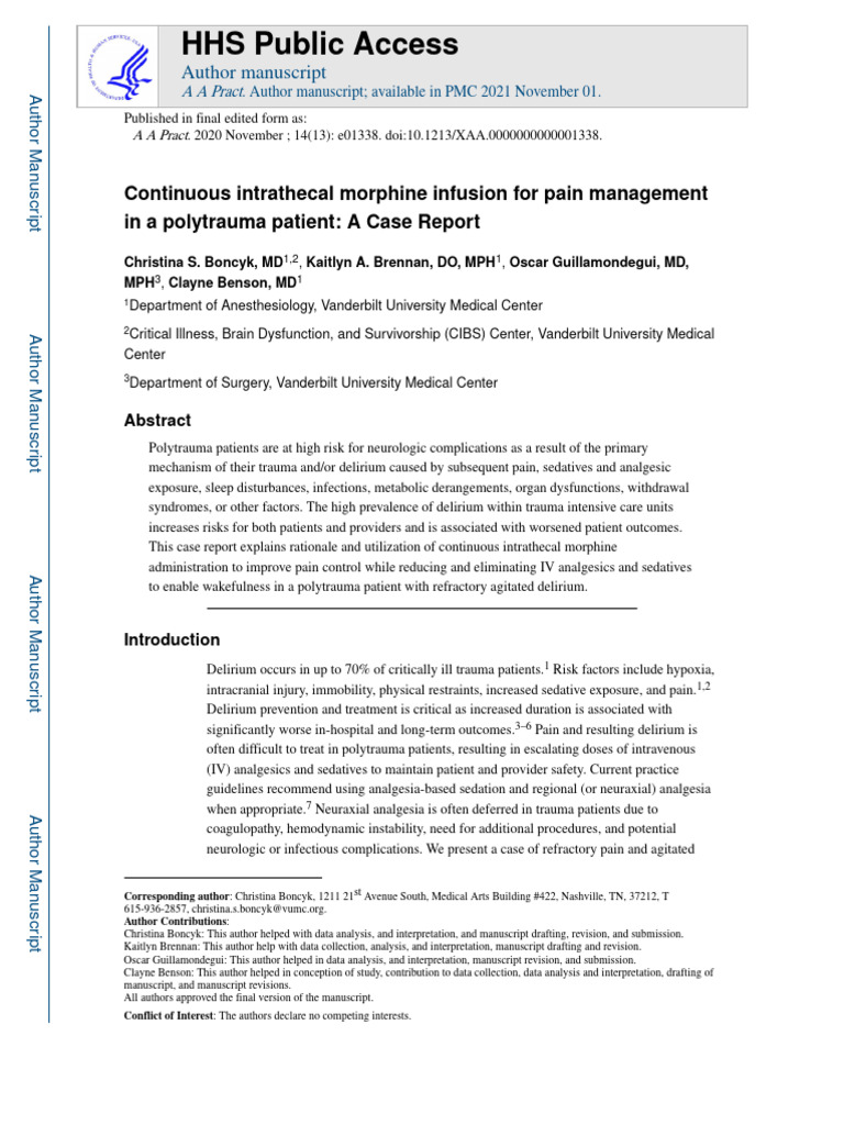 Continuous Intrathecal Morphine Infusion For Pain Management | PDF ...
