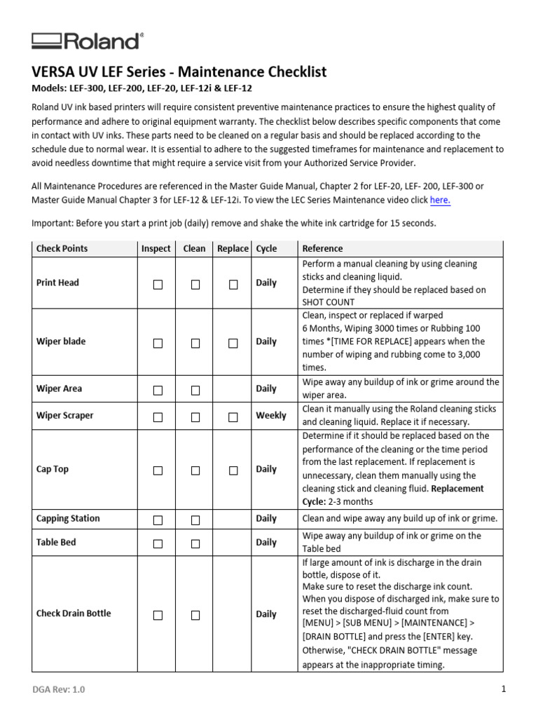Maintenance Checklist LEF Series 1.0 | PDF | Printer (Computing)