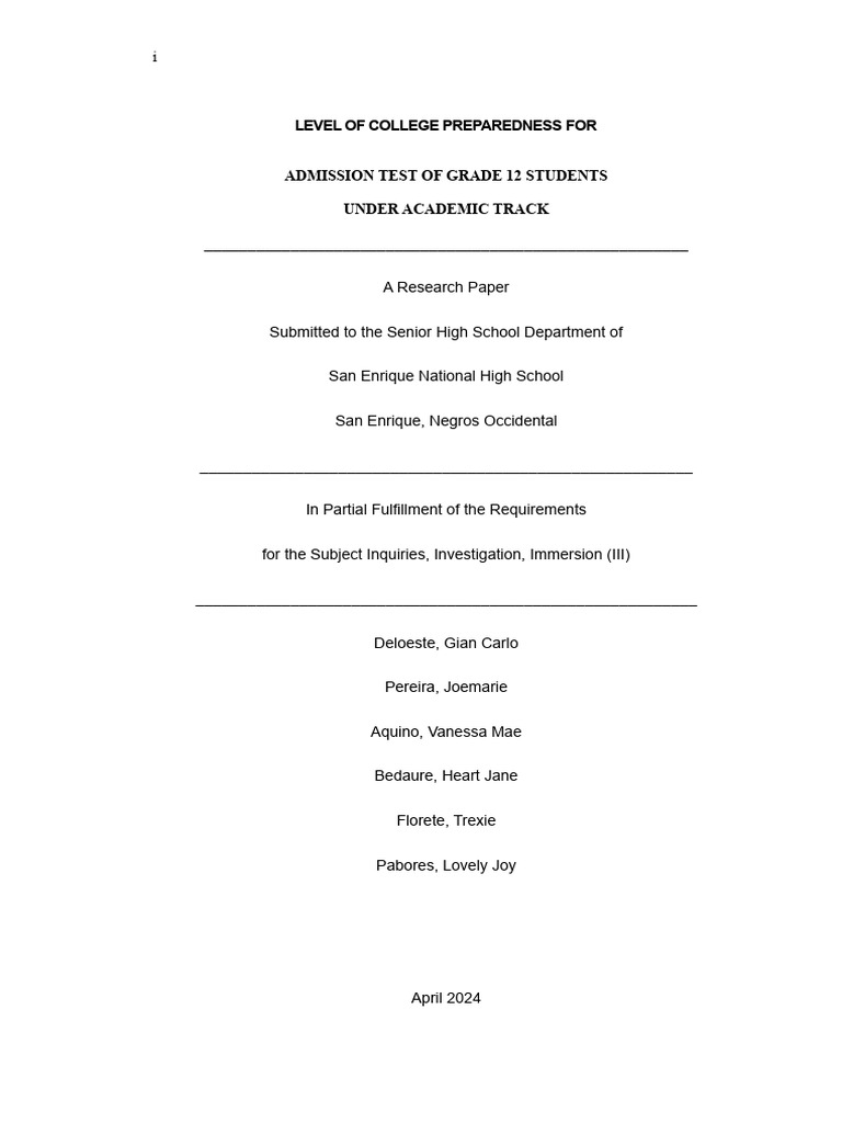 A Level of College Preparedness For Admission Test of Grade 12 Students ...