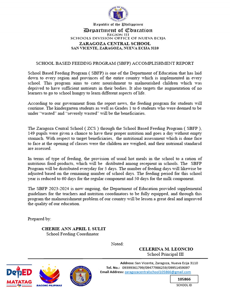 SBFP Accomplishment Report 2024 | PDF | Nutrition | Diet & Nutrition