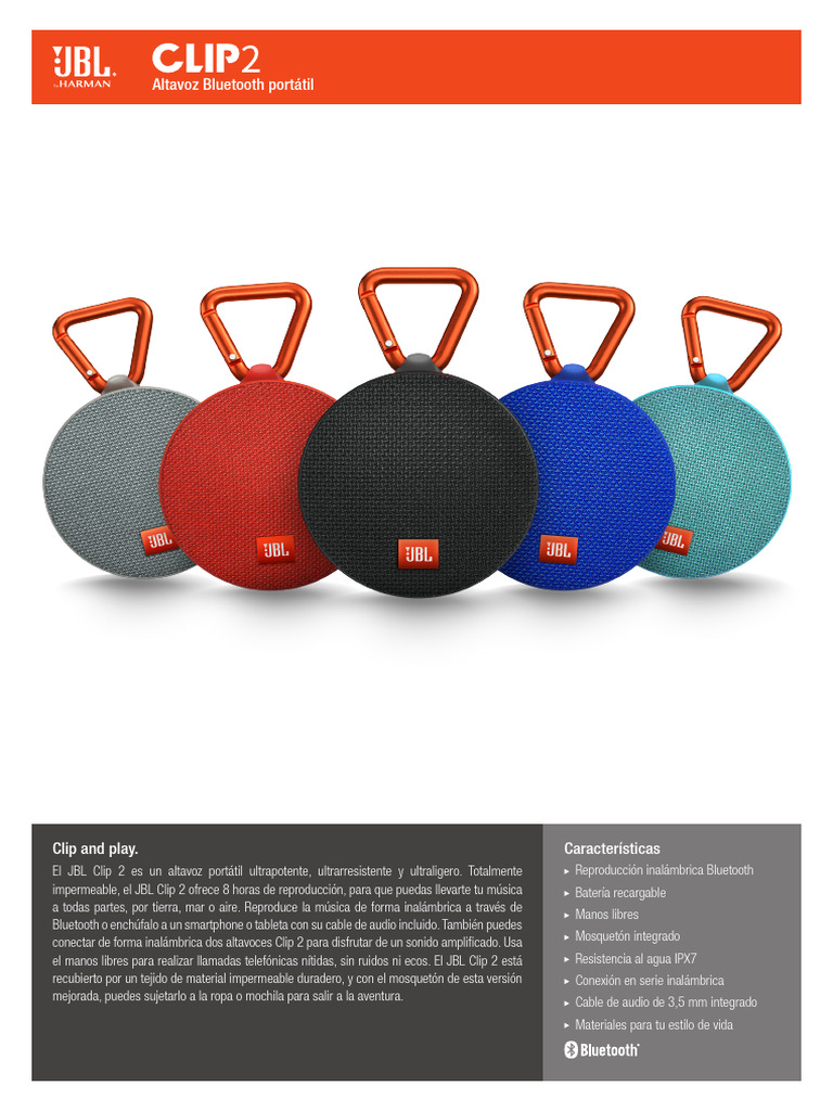 Specification Sheet - JBL Clip 2 (Spanish) | PDF | Altoparlante | Bluetooth