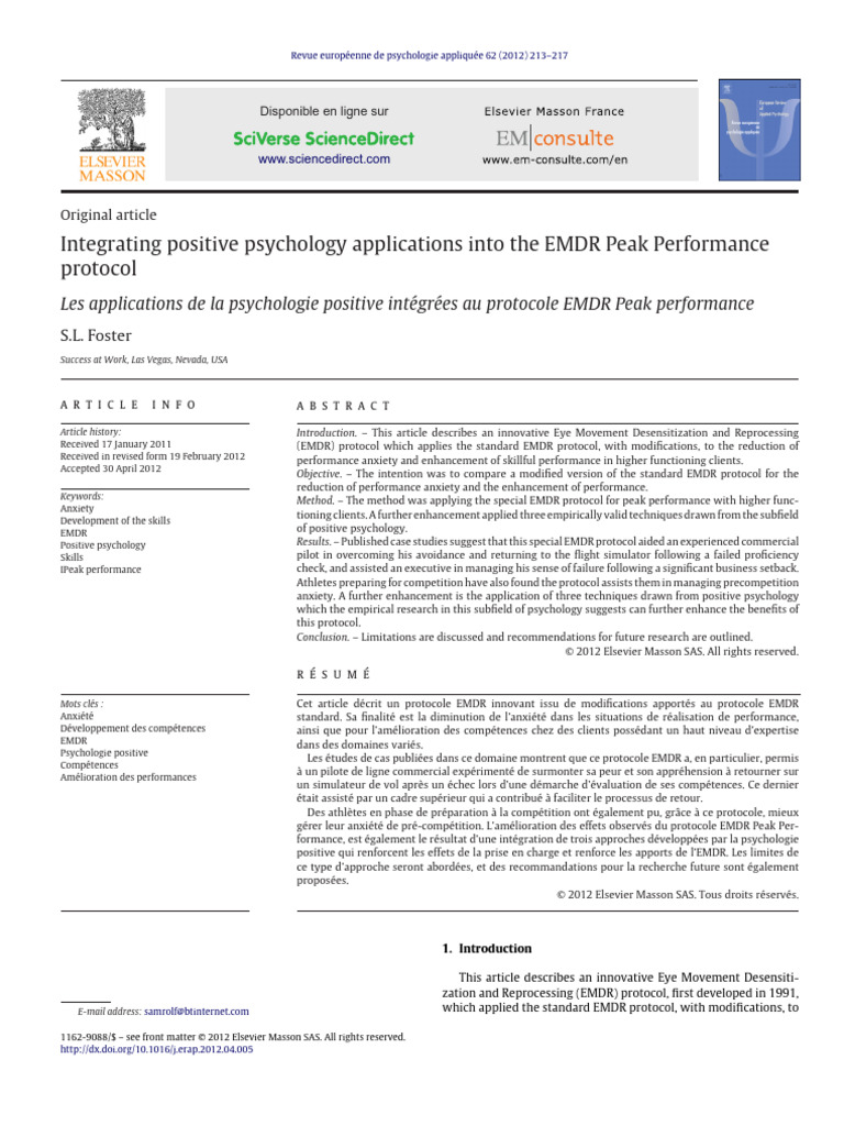 Foster, Sl. (2012) - Integrating Positive Psychology Applications Into The Emdr Peak Performance ...