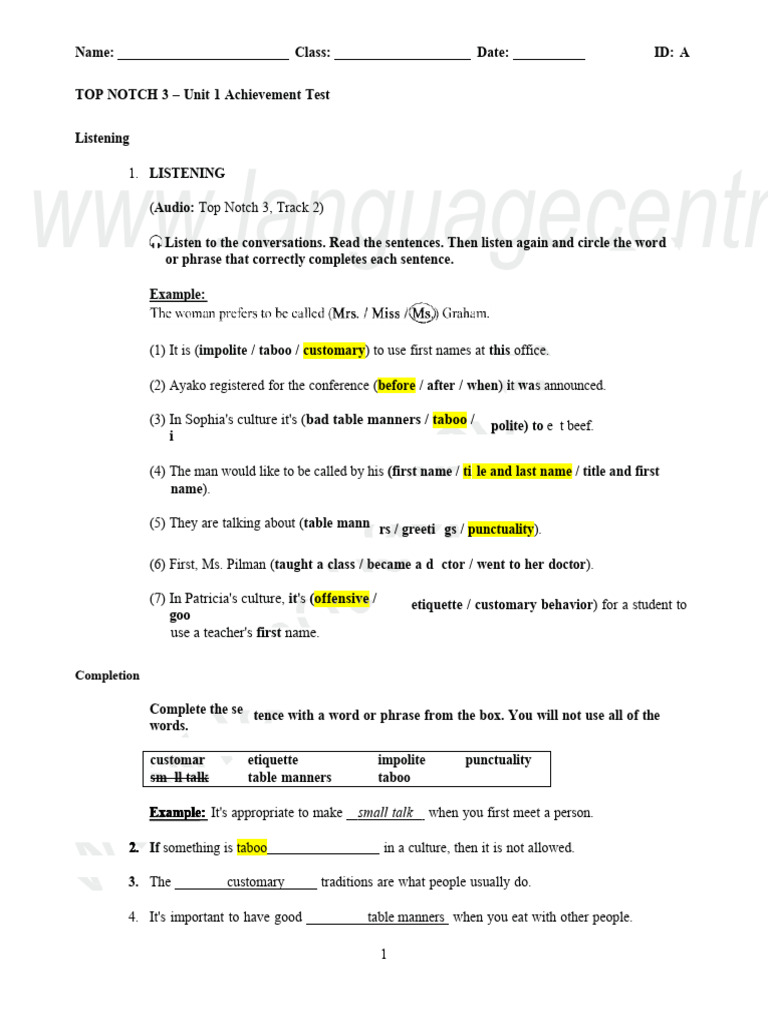 Top Notch 3a Unit 1 Test | PDF | Human Communication | Linguistics