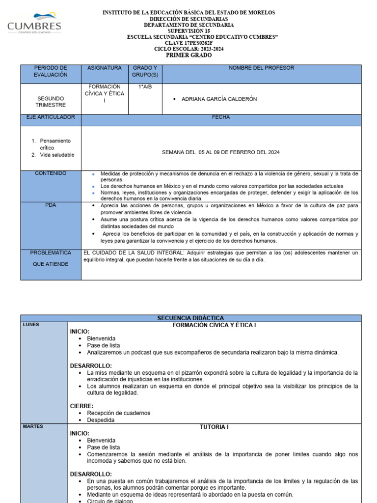 Formación Cívica Y ética I Segundo Trimestre Semana Del 05 Al 09 De