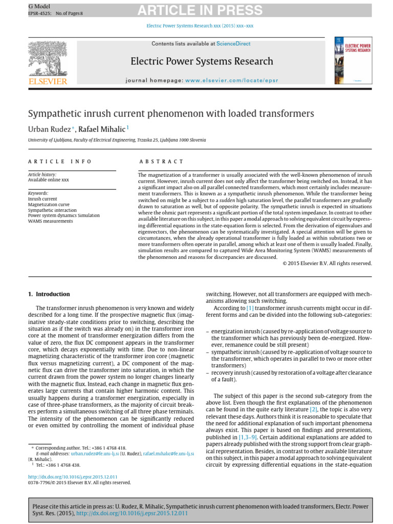 Article in Press: Sympathetic Inrush Current Phenomenon With Loaded ...