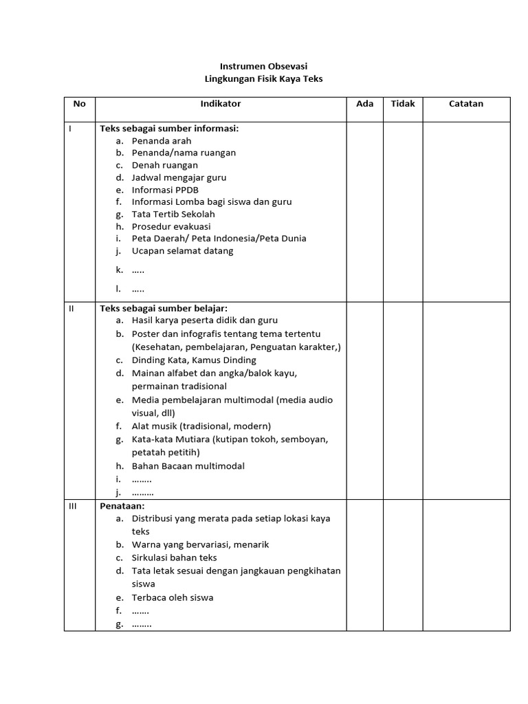 FORMAT LITERASI Instrumen Lingkungan Kaya Teks Dan Sosial | PDF