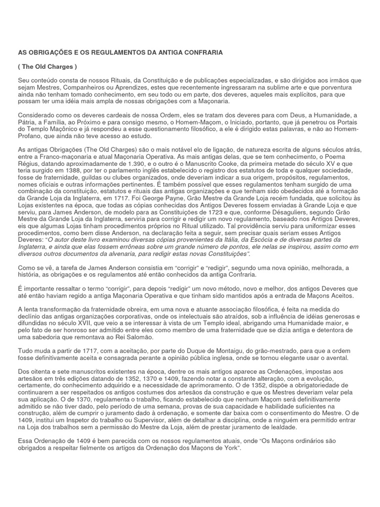 The Old Charges | PDF | Maçonaria | Loja Maçônica