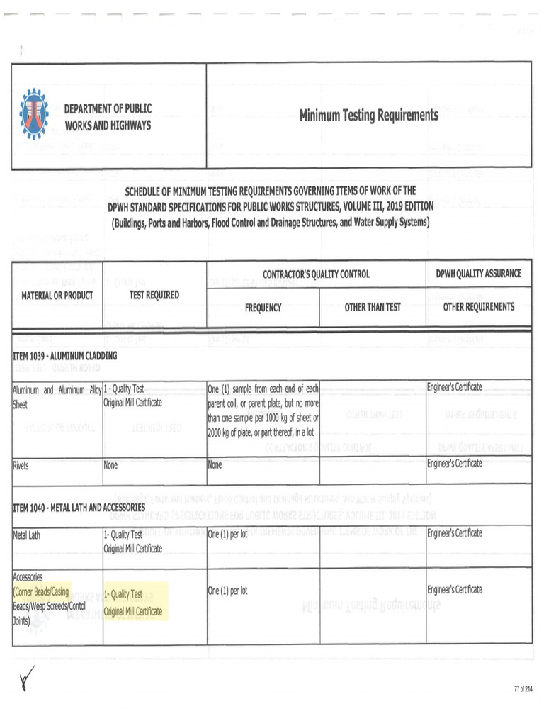 DPWH Minimum Testing Requirement | PDF