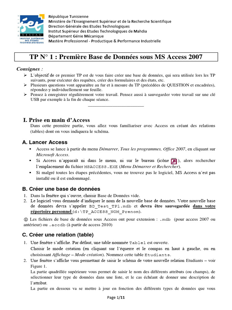 TP1 - Creation BD Access | PDF | Microsoft Access | Bases de données
