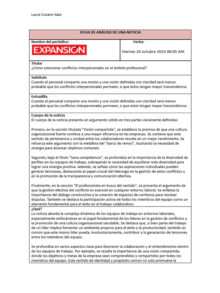 Area Evaluable 5. Análisis de Una Noticia | PDF | Liderazgo | Cultura ...