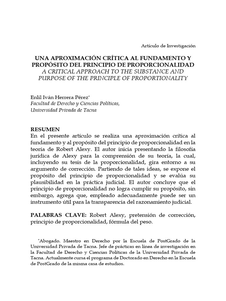 Herrera. Una Aproximaciã N Crã Tica Al Fundamento y Propã Sito Del Principio de Proporcionalidad ...