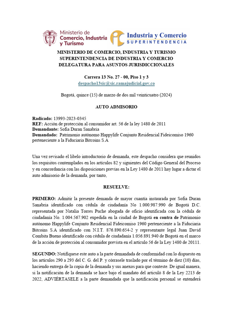 Auto Admisorio Demanda | Descargar gratis PDF | Demanda judicial | Justicia