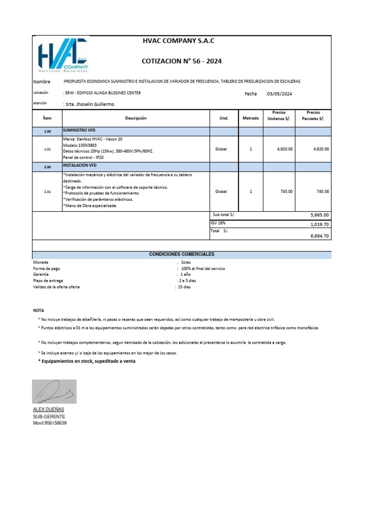 Presupuesto_Suminitro_Instalación_VFD_Edificio_Aliaga_Bussines_Center | PDF