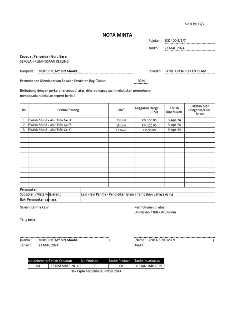 NOTA MINTA 2024 - Minggu Panitia | PDF