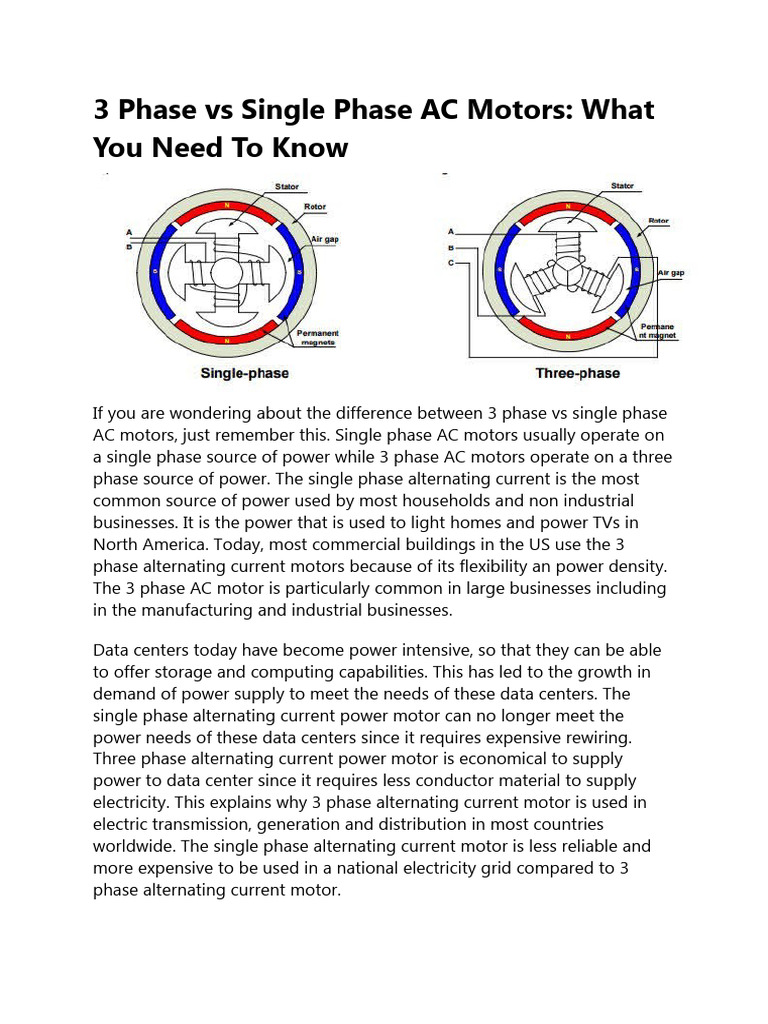 3 Phase Vs Single Phase AC Motors | PDF | Electric Motor | Alternating Current
