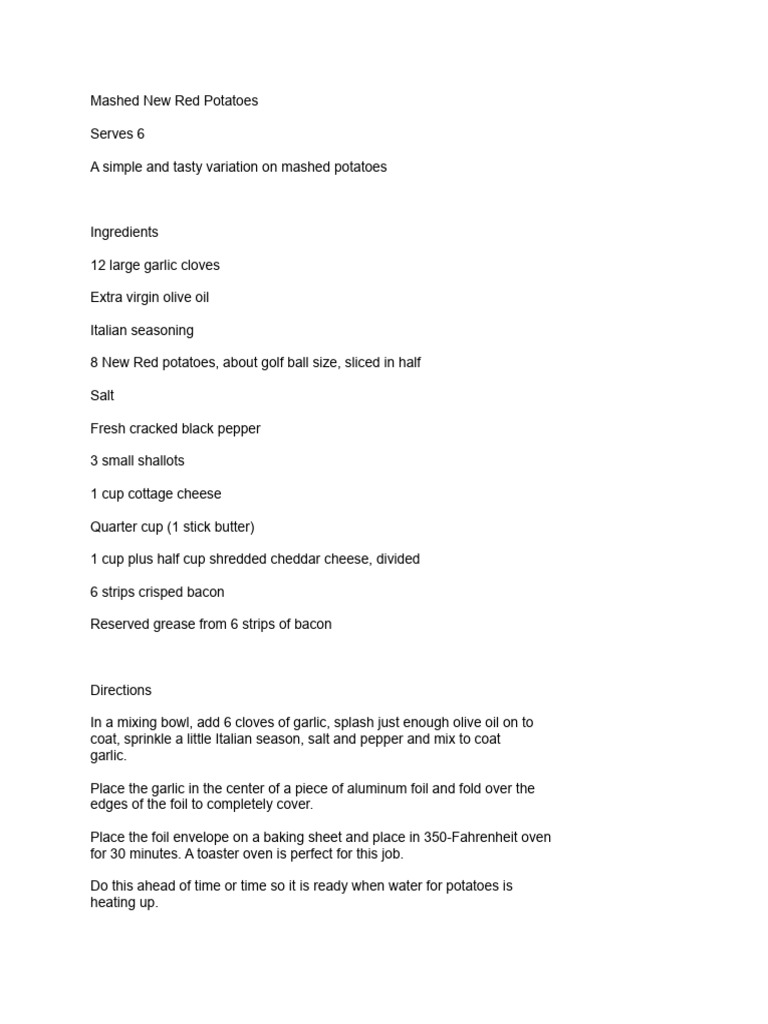 Mashed New Red Potatoes | PDF | Potato | Garlic