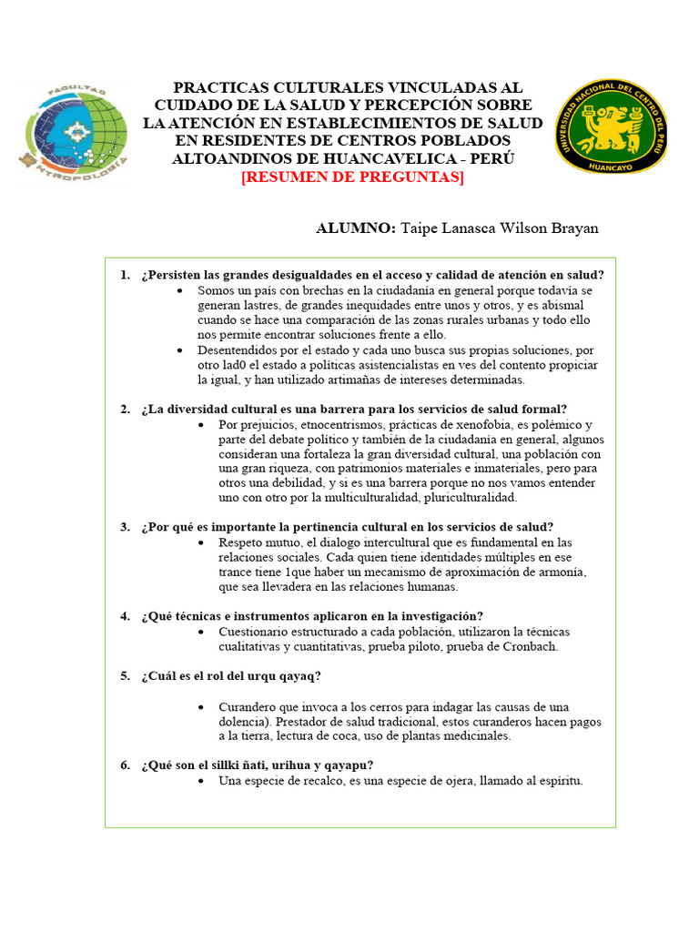 PRACTICAS CULTURALES VINCULADAS AL CUIDADO DE LA SALUD... Taipe Lanasca ...