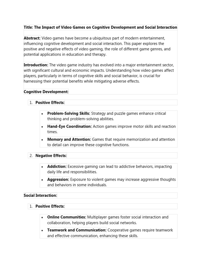 The Impact of Video Games On Cognitive Development and Social ...