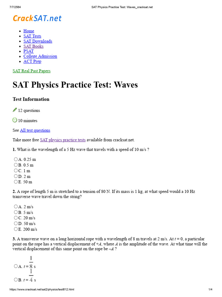 SAT Physics Practice Test - Waves | Download Free PDF | Waves | Sat
