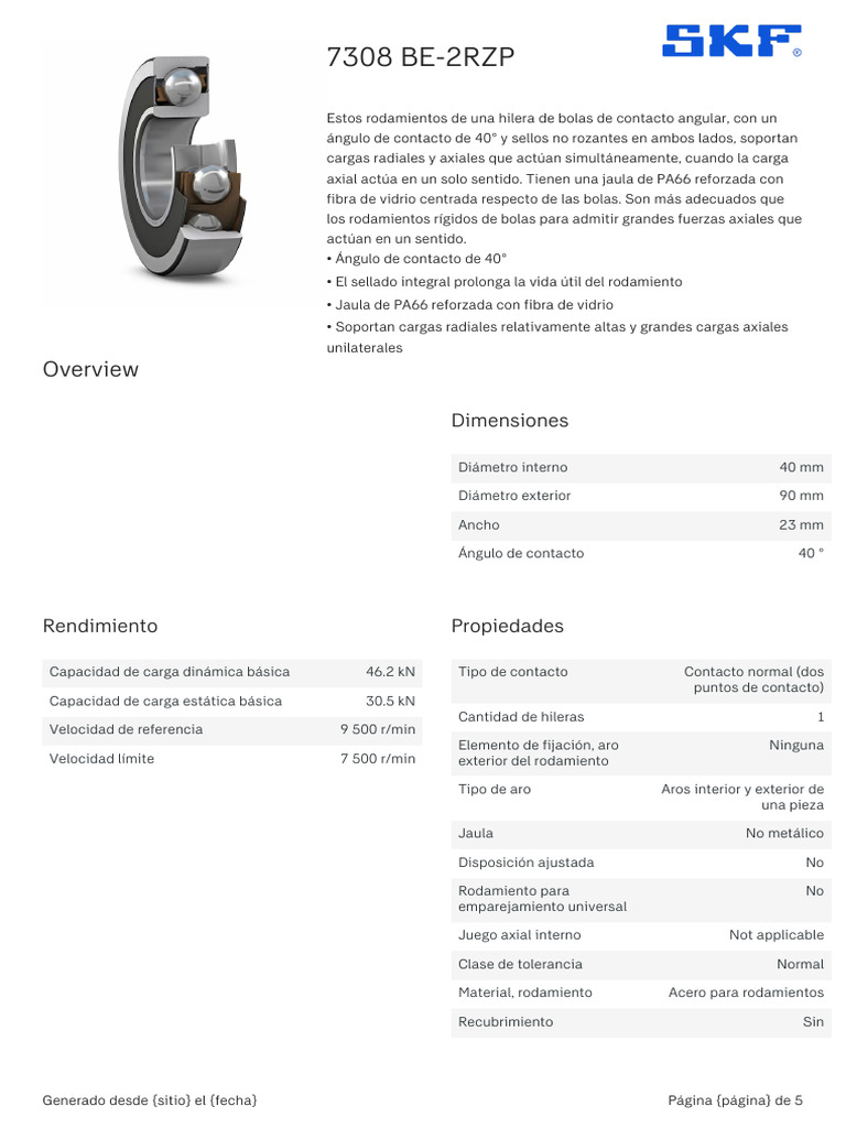SKF 7308 BE-2RZP Specification | PDF