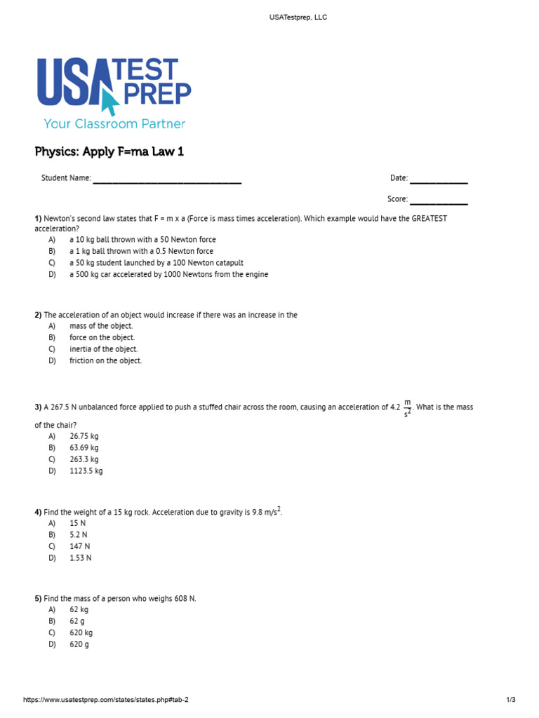 GPA Physics - Apply F Ma Law 01 | PDF | Force | Newton's Laws Of Motion