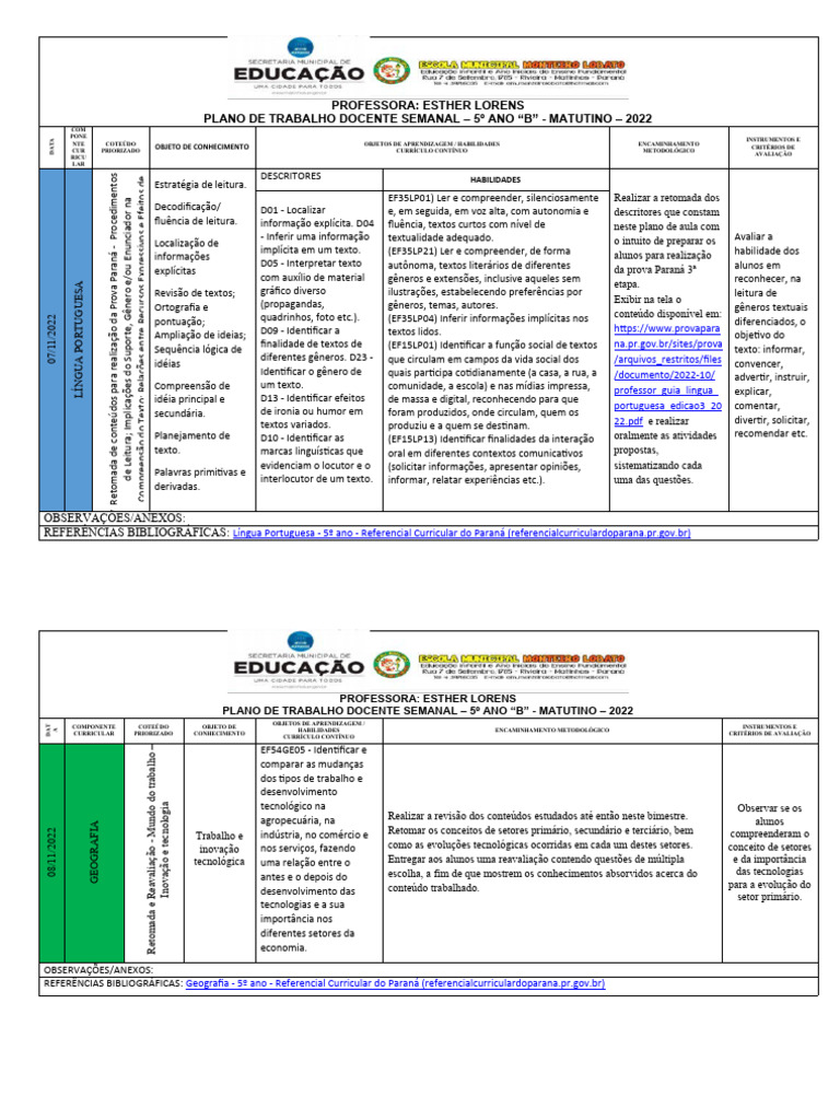 PTD 5º ANO B Semana de 7 A 11 de Novembro | Download grátis PDF | Aprendizado | Fluência