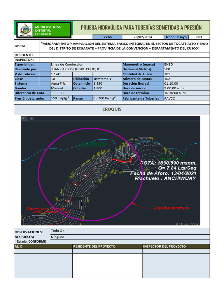Prueba Hidraúlica Tocate | PDF