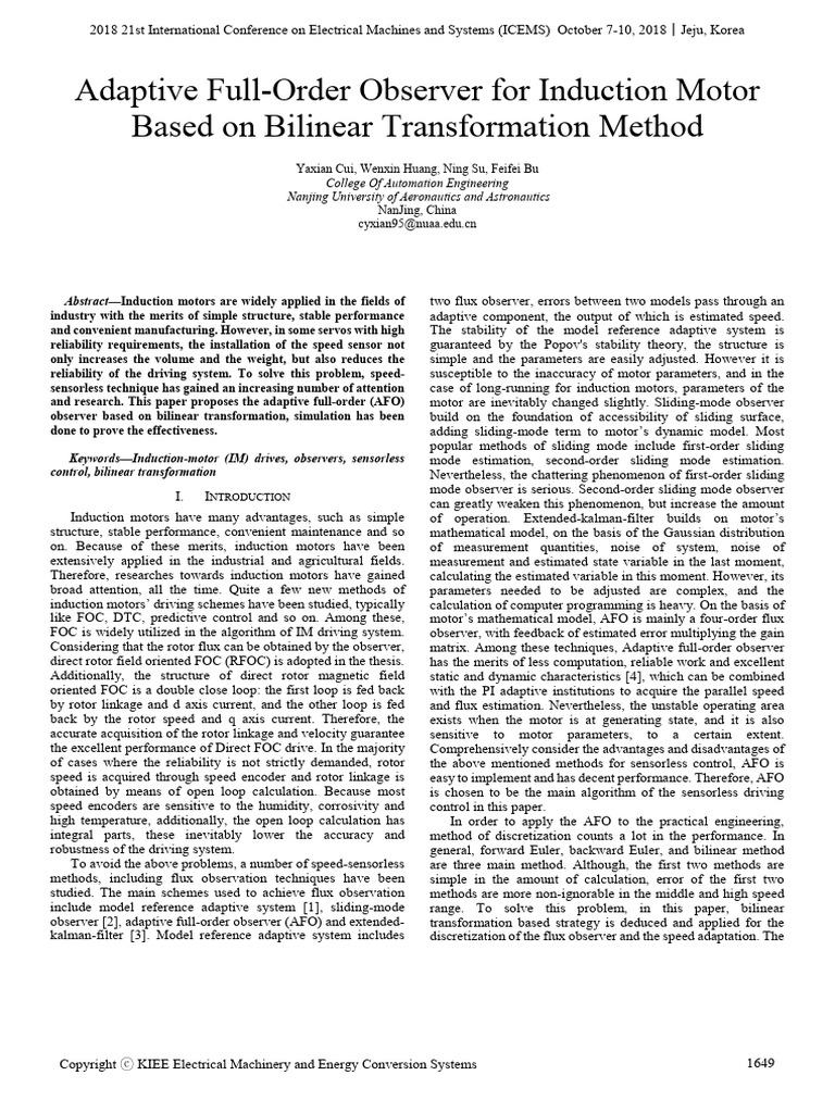 Adaptive Full-Order Observer For Induction Motor Based On Bilinear Transformation Method | PDF ...
