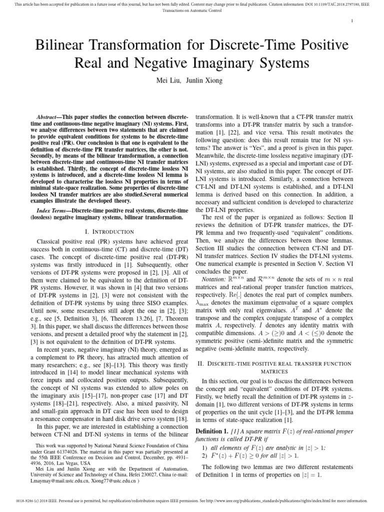 Bilinear Transformation For Discrete-Time Positive Real and Negative Imaginary Systems | PDF ...