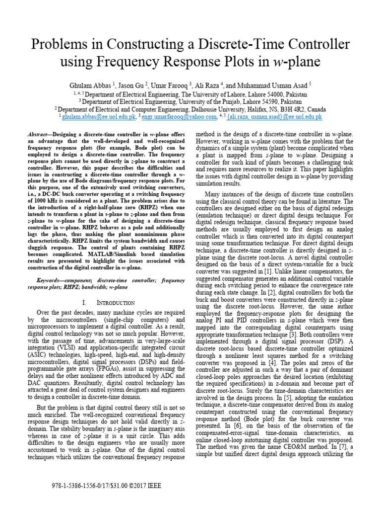 Problems In Constructing A Discrete Time Controller Using Frequency Response Plots In W Plane