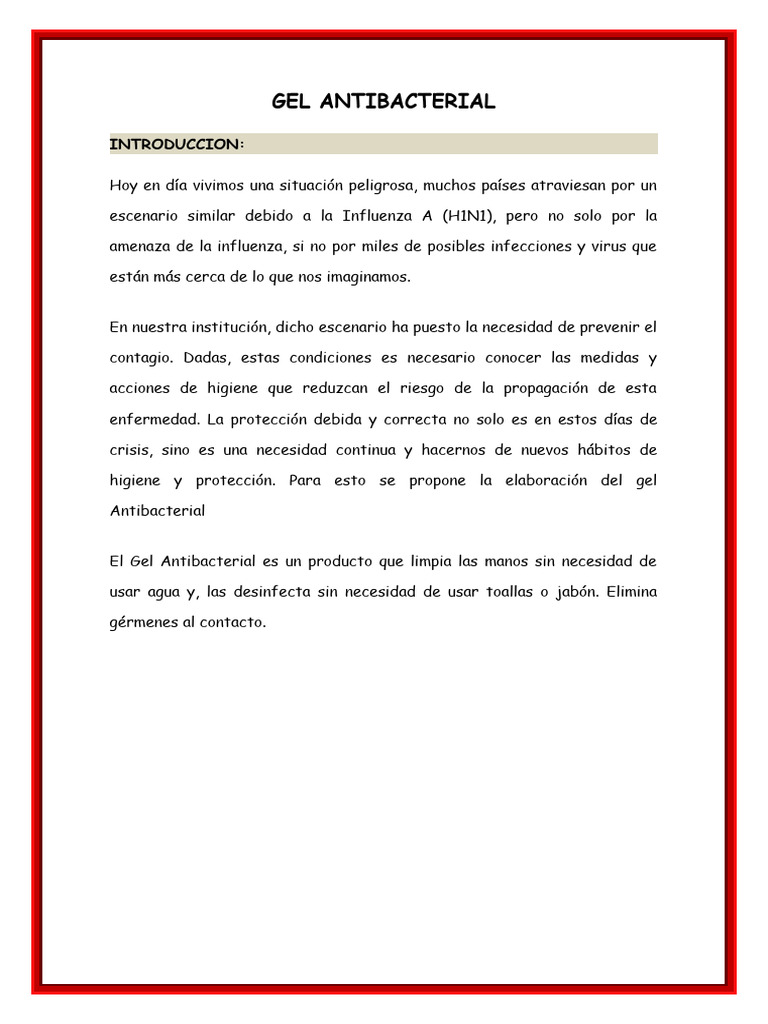 Gel Antibacterial | PDF | Lavado de manos | Especialidades Medicas