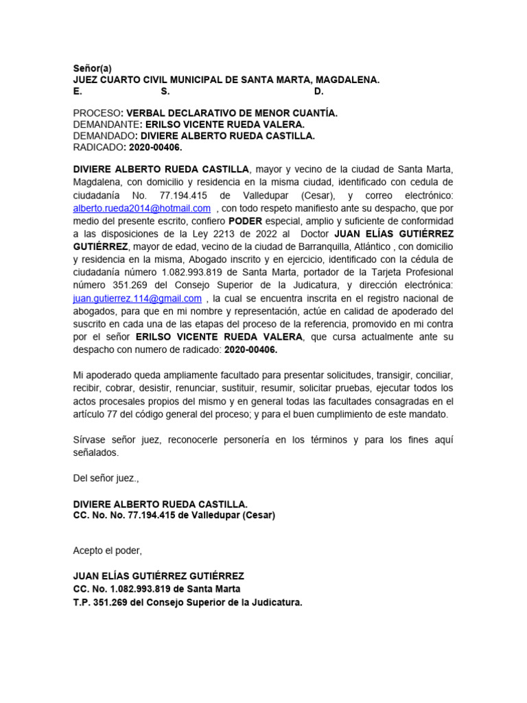 PODER ESPECIAL, AMPLIO Y SUFICIENTE - Diviere, Proceso Santa Marta | PDF