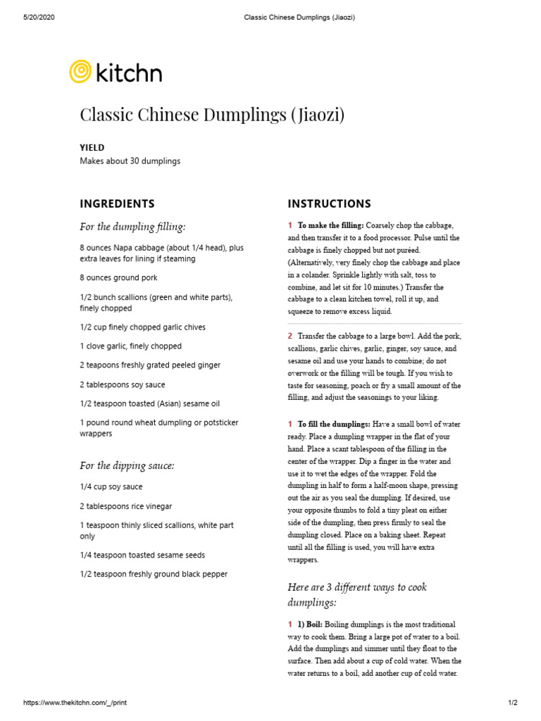 Recipe - Chinese Dumplings (Jiaozi) - Kitchn | PDF | Dumpling | Food ...