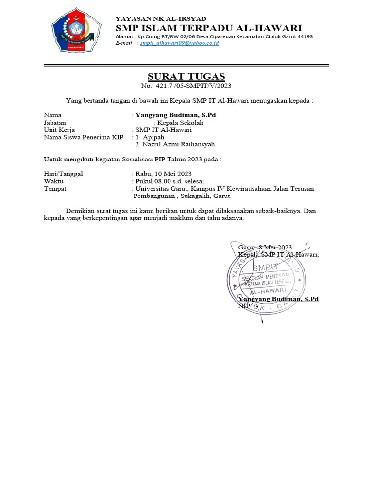 Surat Tugas Siswa Pip | PDF