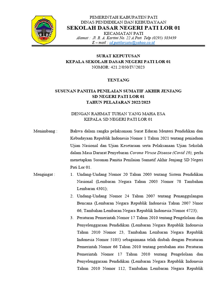 Susunan Panitia Penilaian Sumatif SDN Pati Lor 01 | PDF