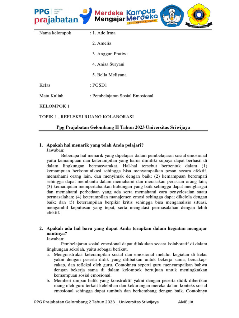 Refleksi Ruang Kolaborasi Pse, Topik 1, Bella Meliyana | PDF | Sains & Matematika