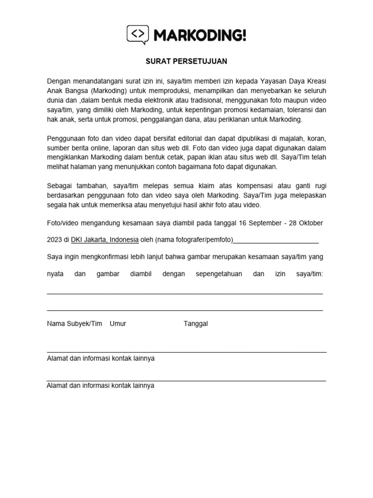 Surat Persetujuan Penggunaan Foto Markoding | PDF